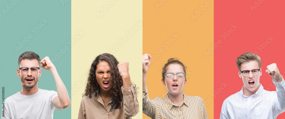 Collage of a group of people isolated over colorful background angry ...