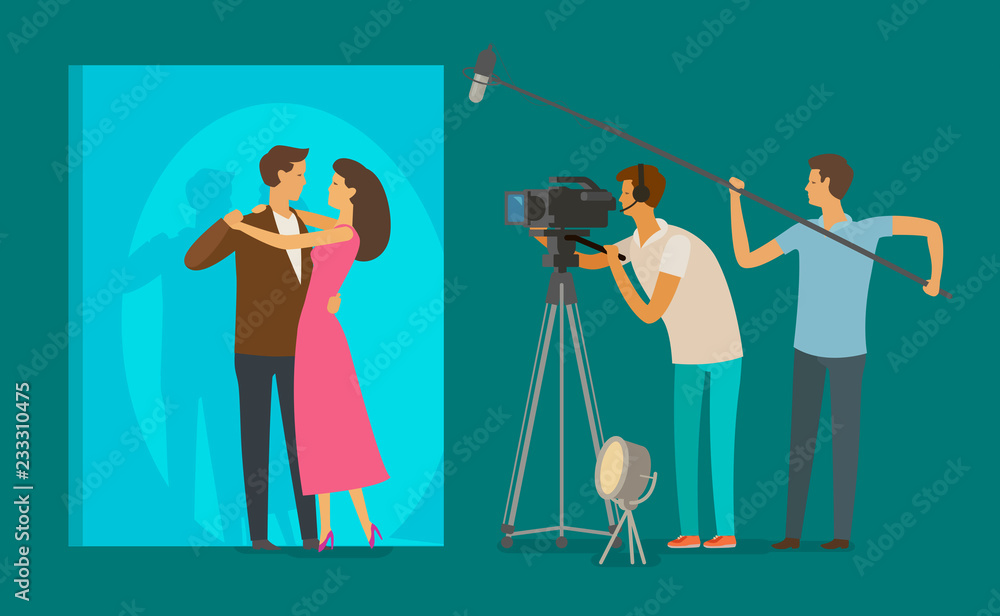 Film crew makes a movie. Cinematograph, cinema, filming concept ...