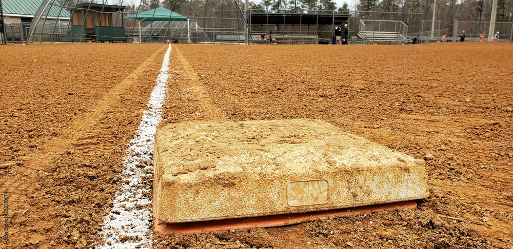Dirty first base on a baseball field looking toward home and third base ...