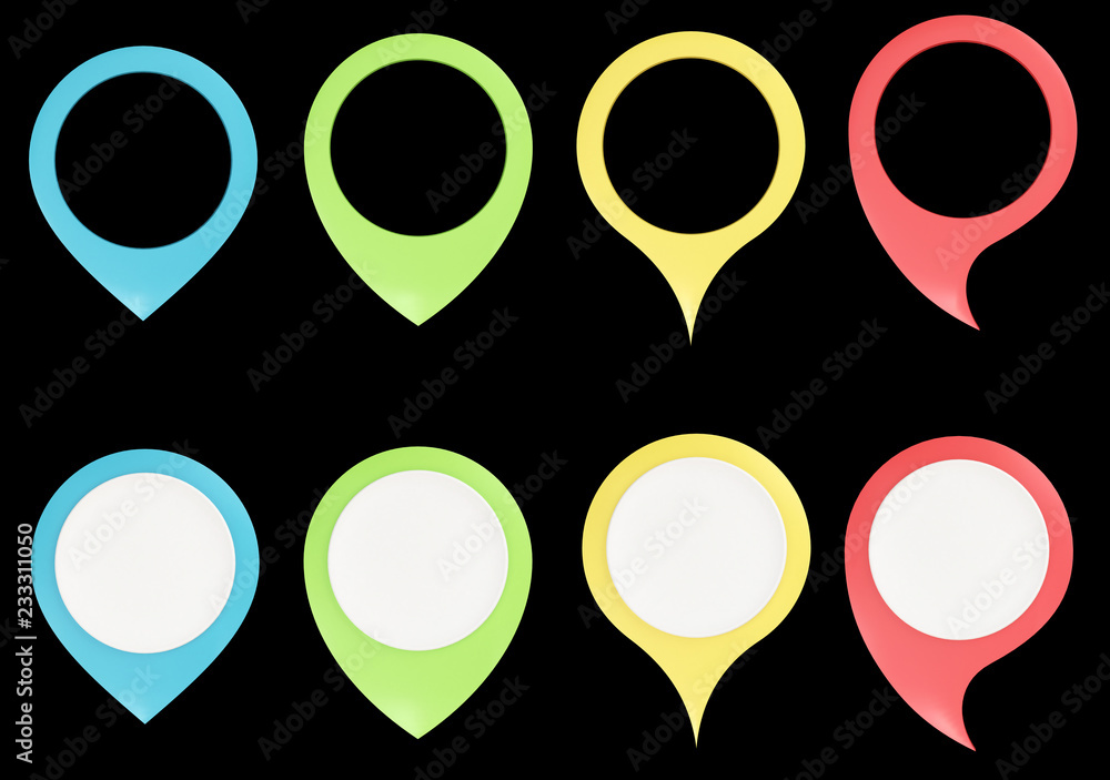 A set of labels and symbols for the map. Flags of different colors in ...