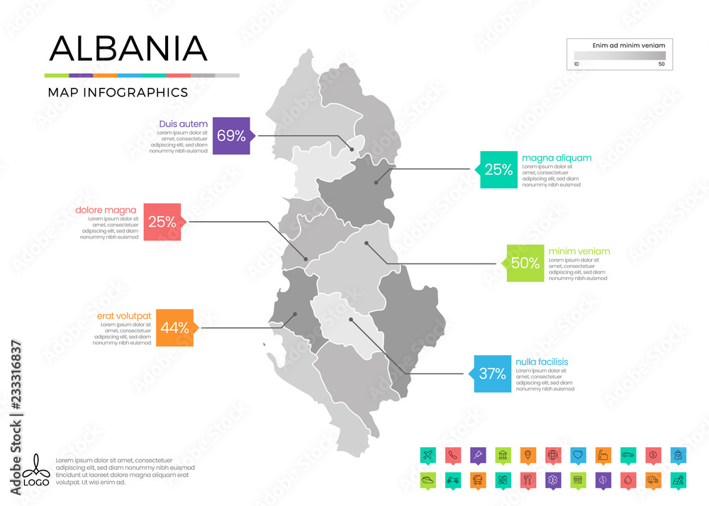 Albania map infographics with editable separated layers, zones, elements and district area in ...