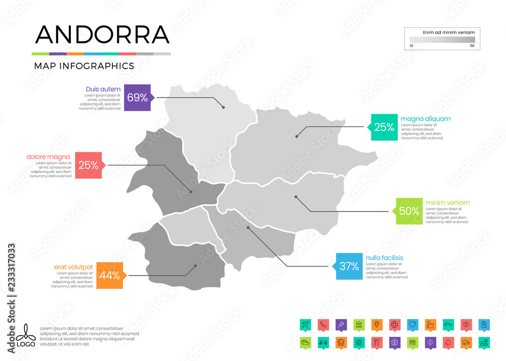 Andorra map infographics with editable separated layers, zones ...