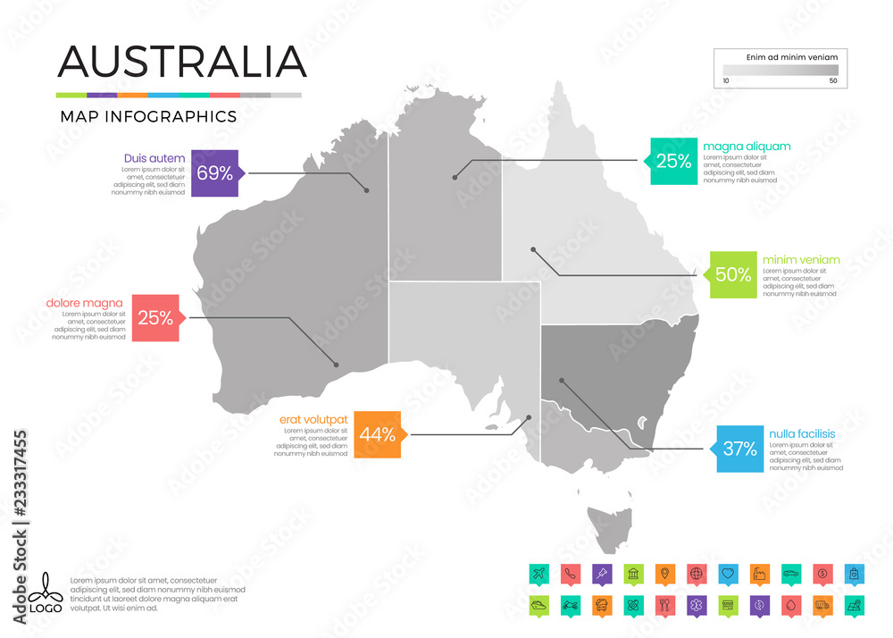 Australia map infographics with editable separated layers, zones ...