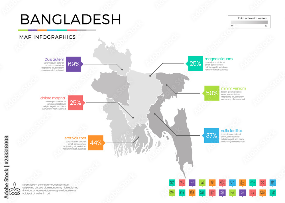 Bangladesh map infographics with editable separated layers, zones ...