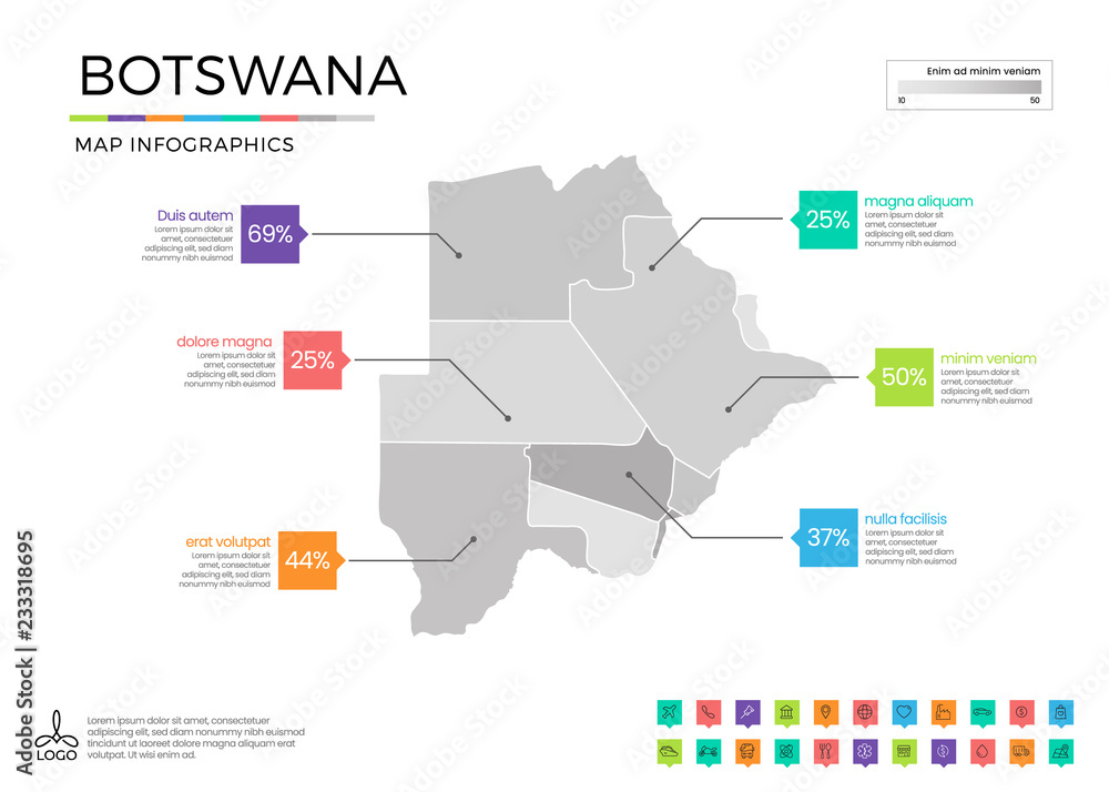 Botswana map infographics with editable separated layers, zones ...