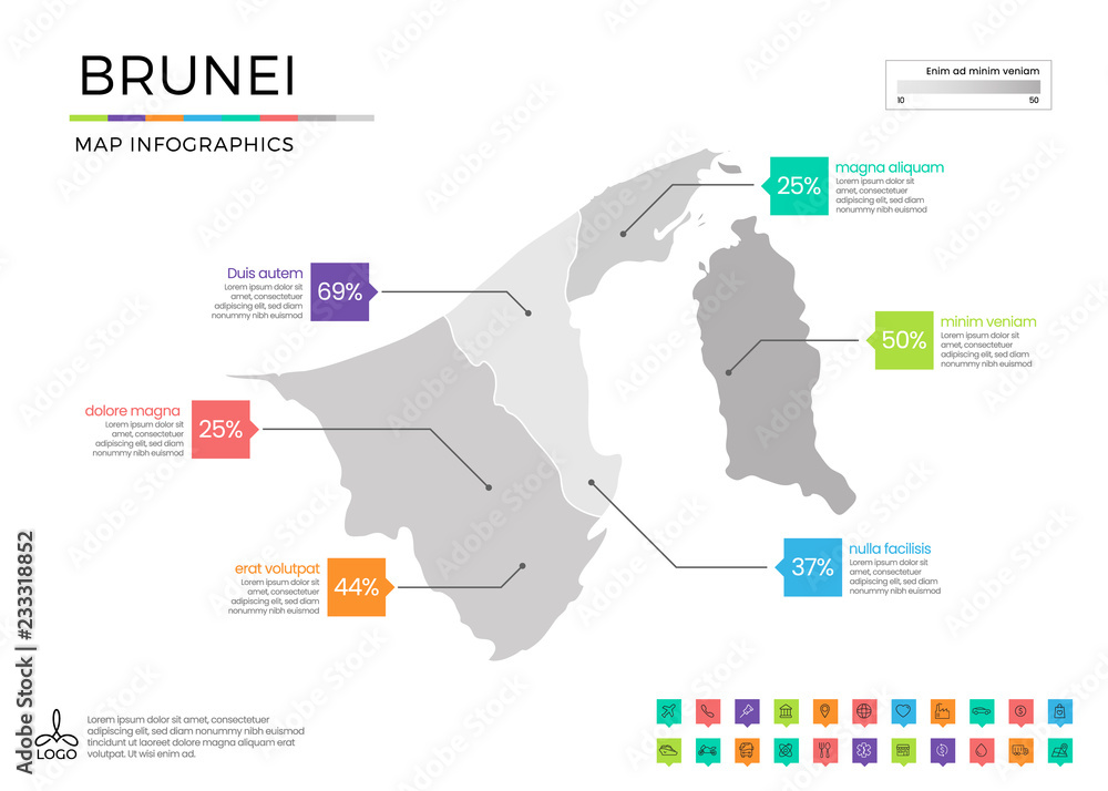 Brunei map infographics with editable separated layers, zones, elements ...