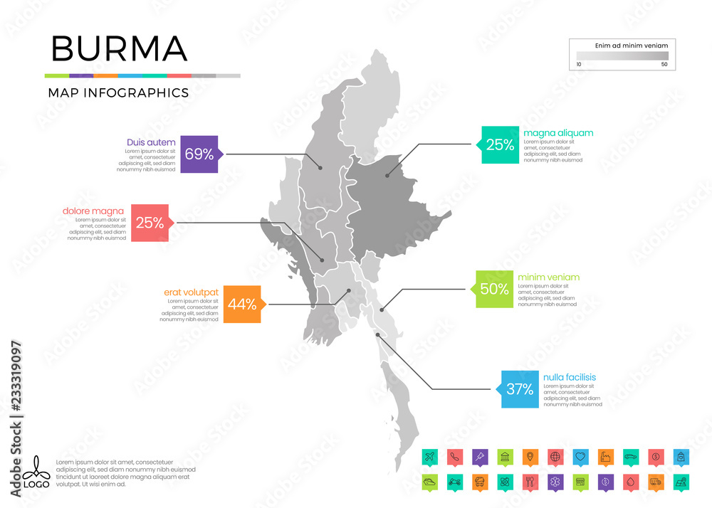 Burma map infographics with editable separated layers, zones, elements ...
