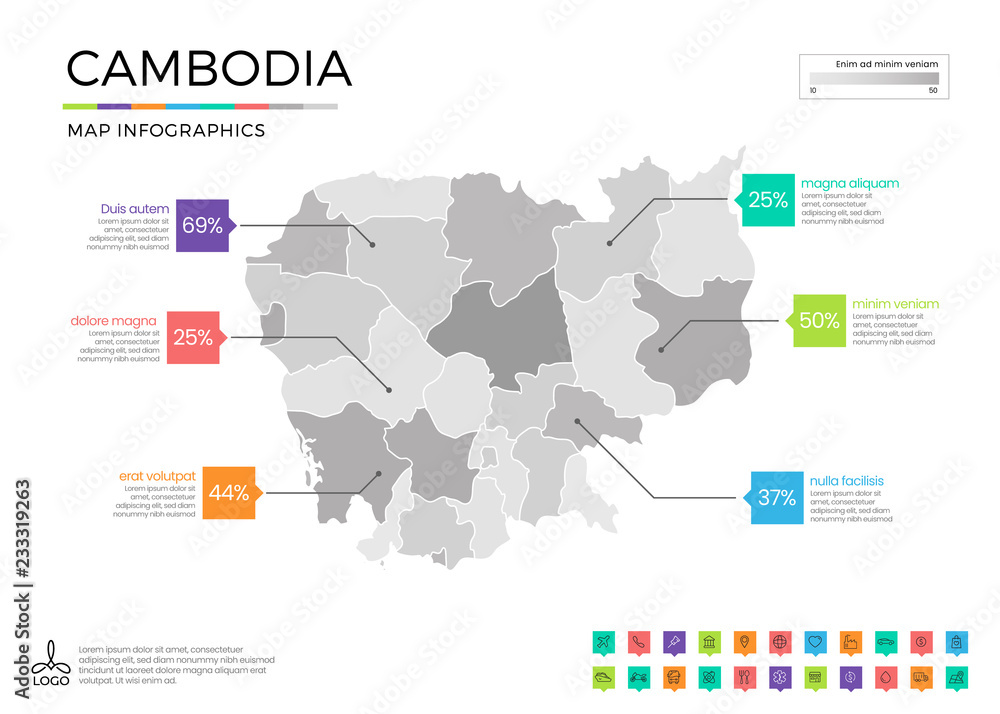 Cambodia map infographics with editable separated layers, zones ...
