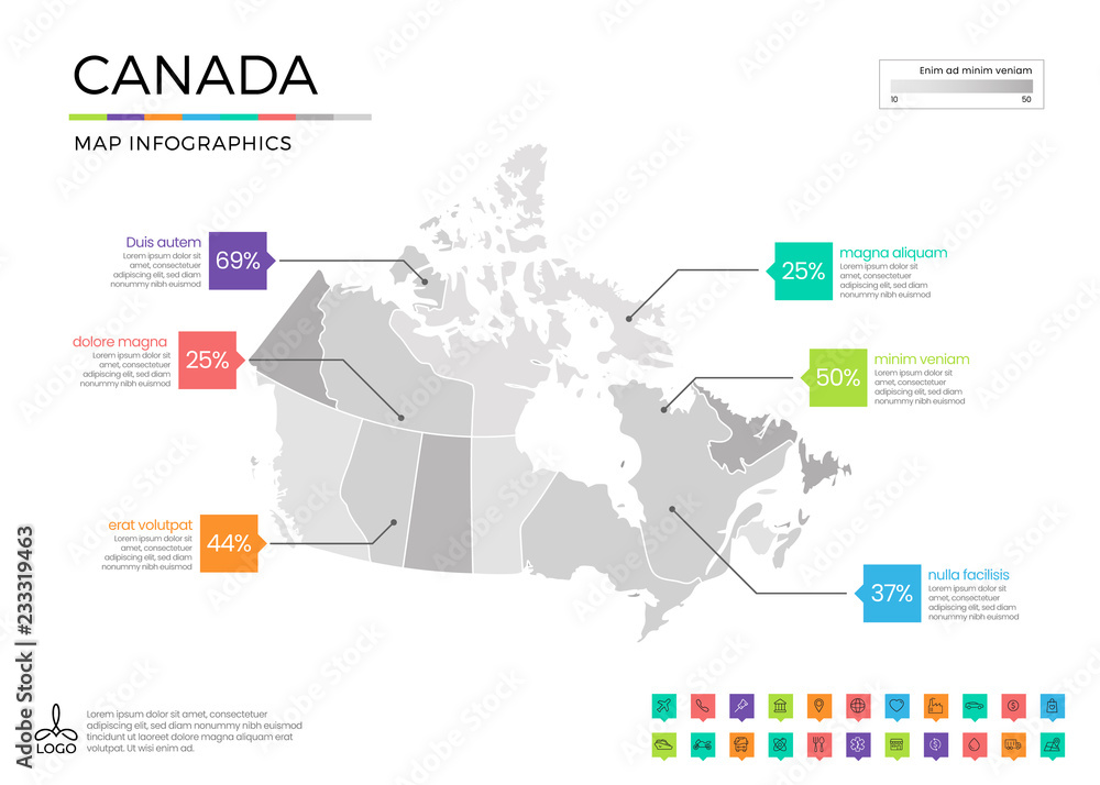 Canada map infographics with editable separated layers, zones, elements ...