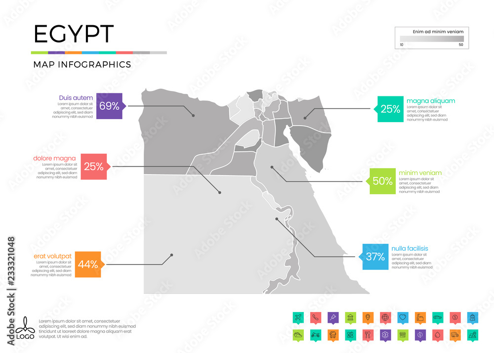 Egypt map infographics with editable separated layers, zones, elements ...
