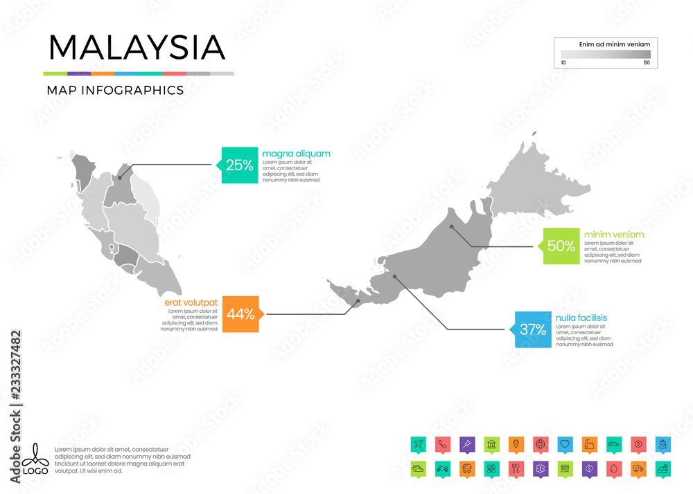 Malaysia map infographics with editable separated layers, zones ...