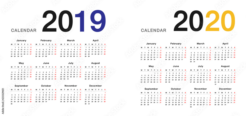Year 2019 and Year 2020 calendar horizontal vector design template ...