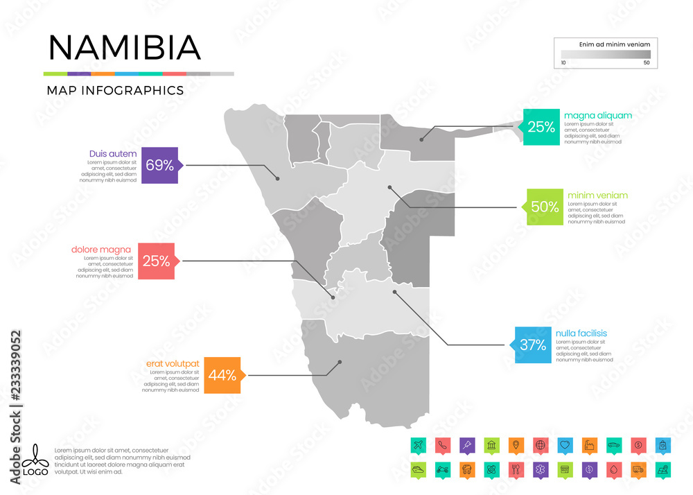 Namibia map infographics with editable separated layers, zones ...