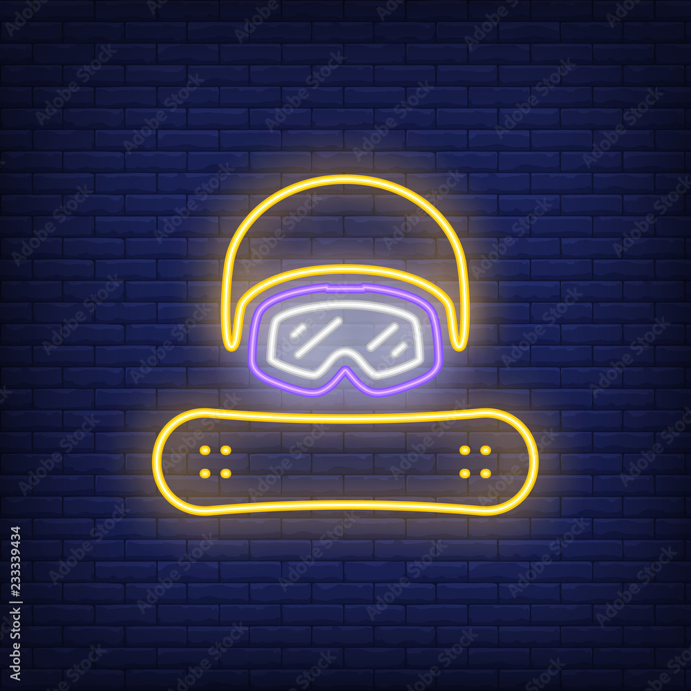 Snowboarding equipment neon sign. Snowboard, helmet and goggles on ...