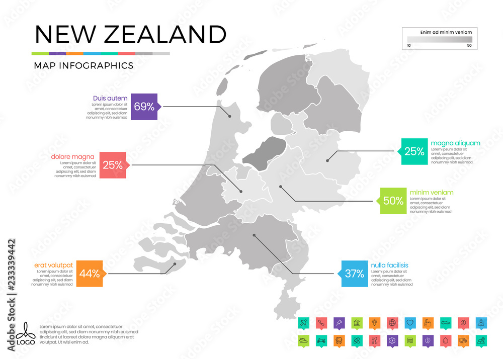 New zealand map infographics with editable separated layers, zones ...