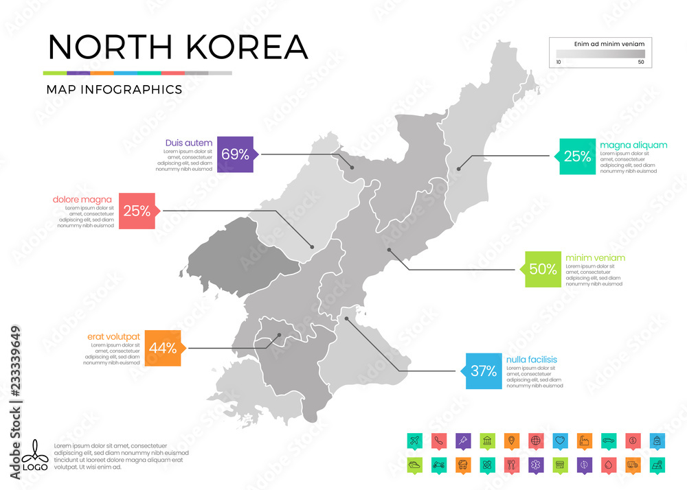 North Korea map infographics with editable separated layers, zones ...