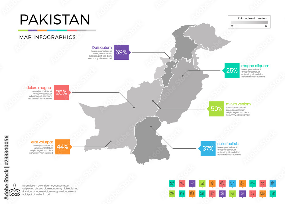 Pakistan map infographics with editable separated layers, zones ...