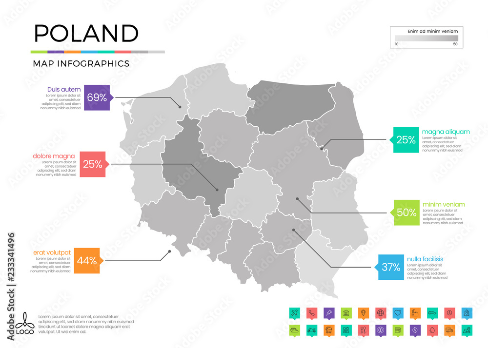 Poland map infographics with editable separated layers, zones, elements ...