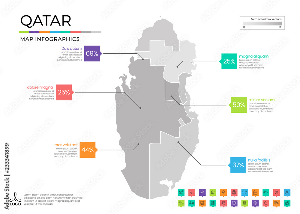 Qatar map infographics with editable separated layers, zones, elements ...
