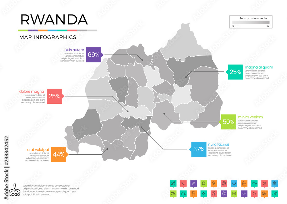 Rwanda map infographics with editable separated layers, zones, elements ...
