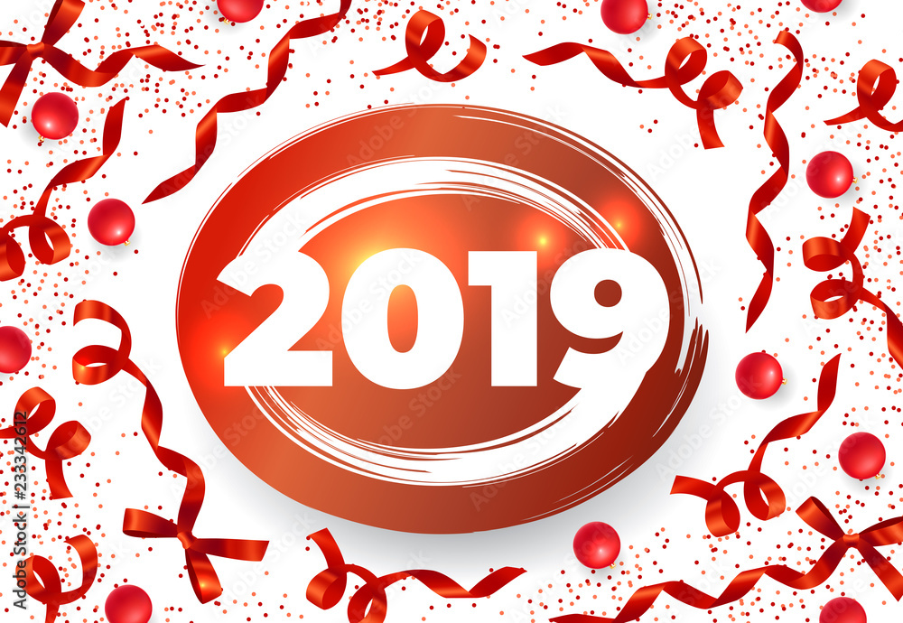 Twenty Nineteen festive card design with red streamer, baubles and ...