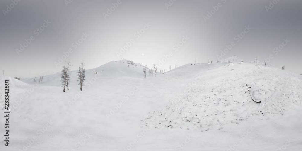vr 360 camera moving above the snow rocky mountains ridges In a cold ...