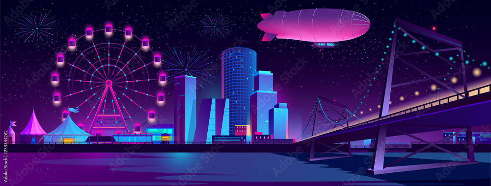 Vector urban concept background with night city illuminated with neon ...