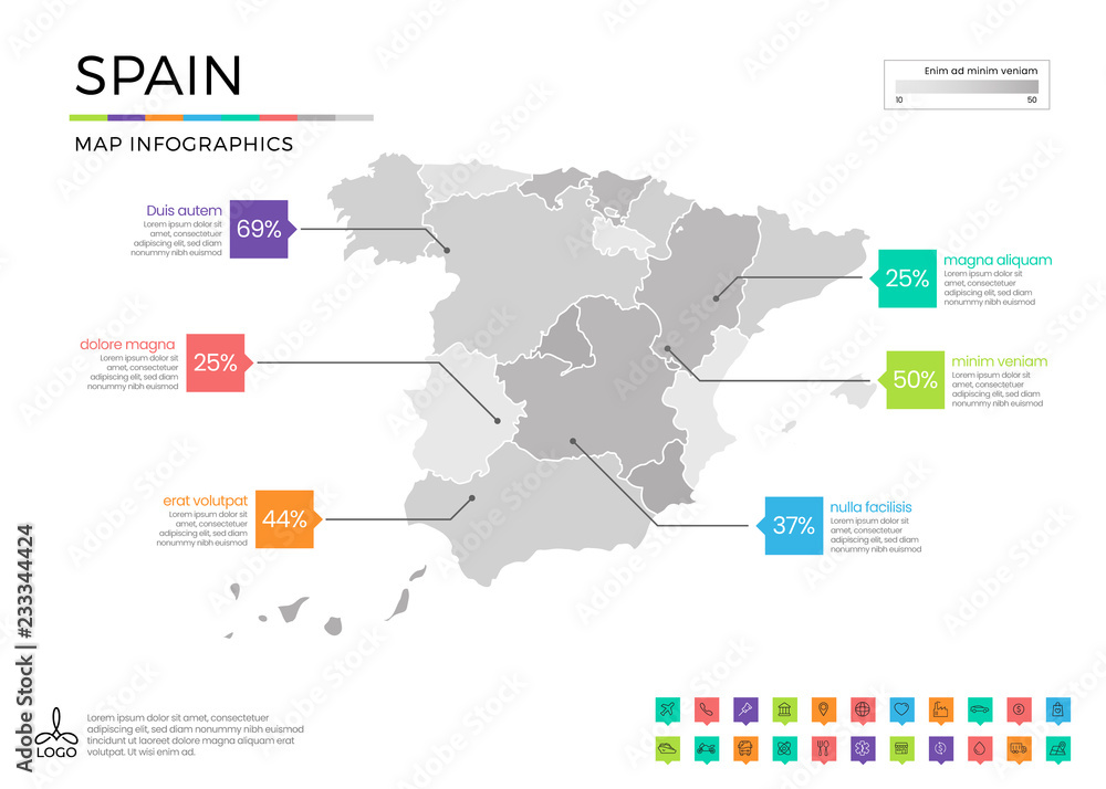 Spain map infographics with editable separated layers, zones, elements ...