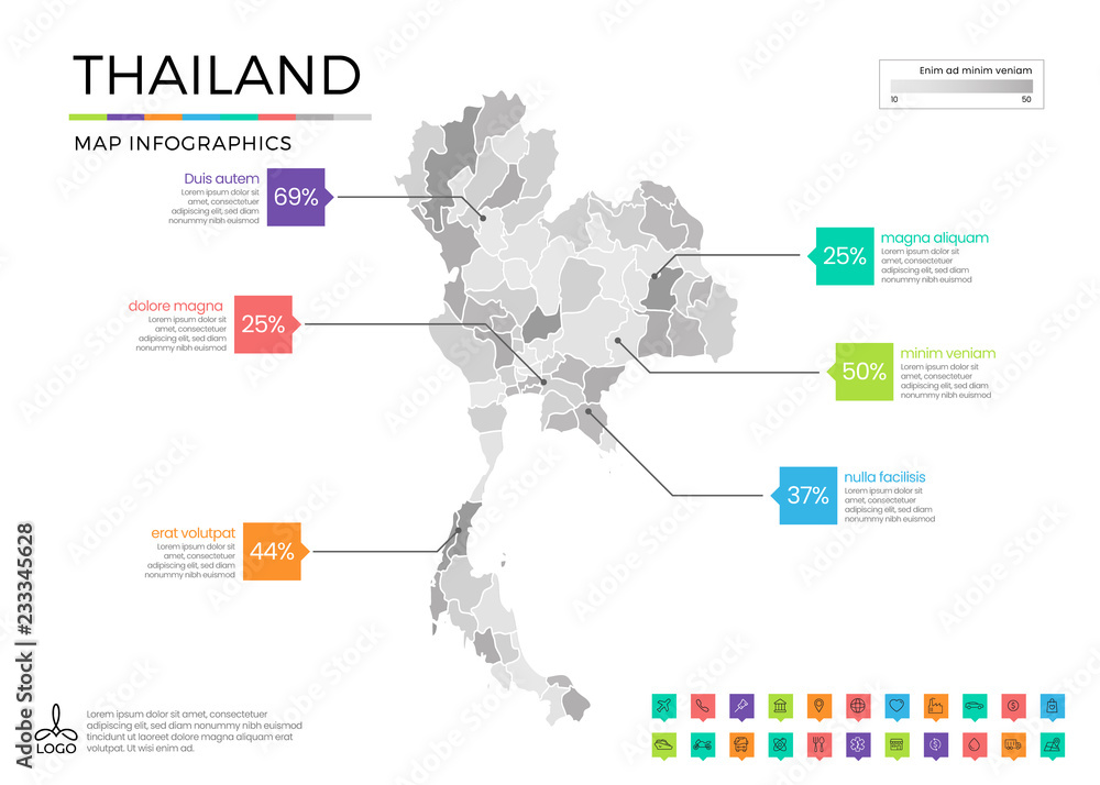 Thailand map infographics with editable separated layers, zones ...