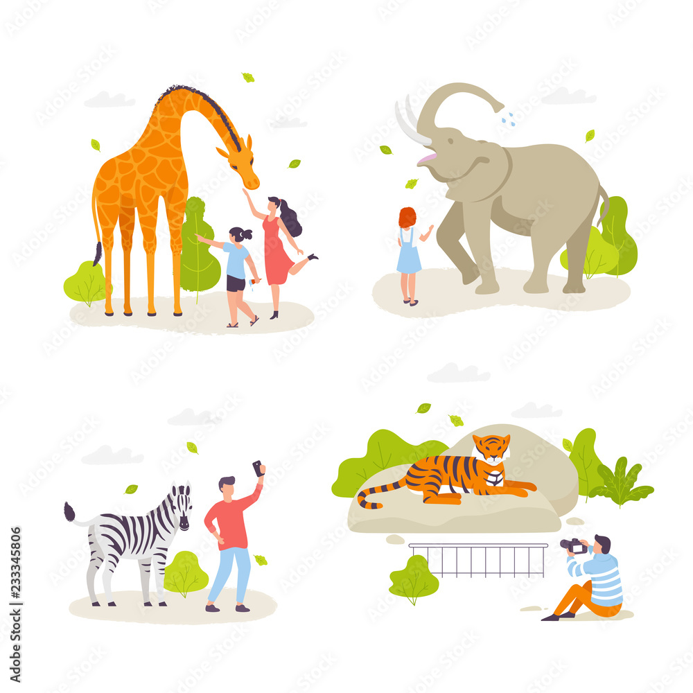 People in the zoo looking at animals and acting with them. Cute wild ...
