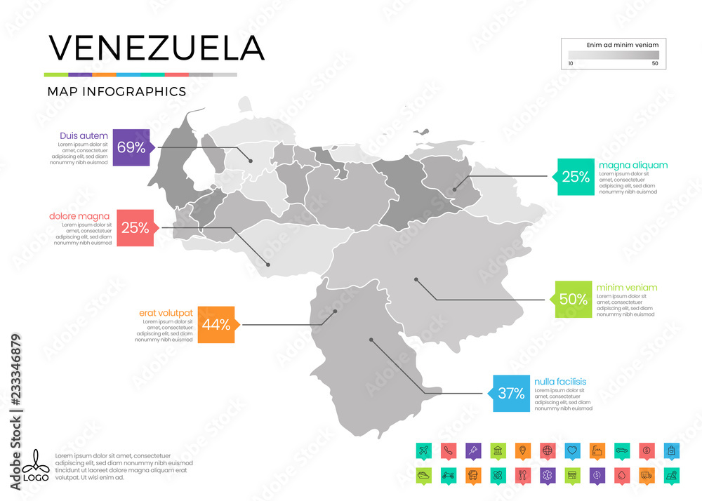 Venezuela map infographics with editable separated layers, zones ...