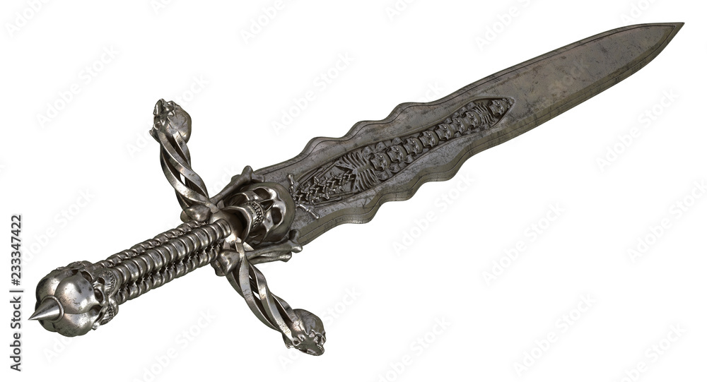 long sword with skull and bones on an isolated white background. 3d ...