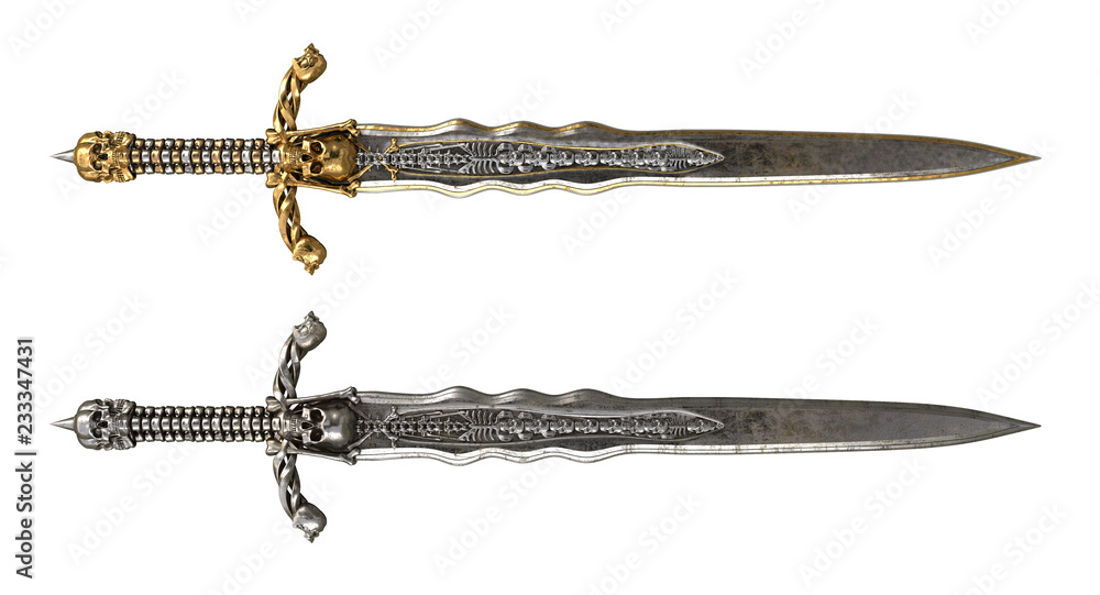 long sword with skull and bones on an isolated white background. 3d ...