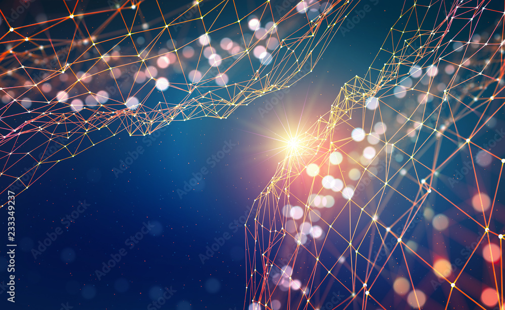 Abstract tech background. Shining star. Glowing polygon network with ...