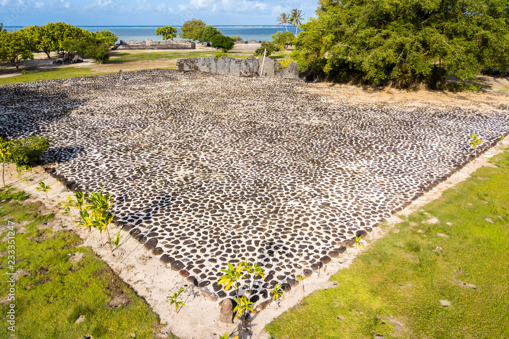 Marae Taputapuatea temple complex. Aerial view. Raiatea island. Leeward ...