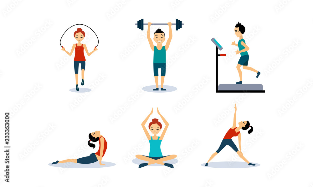 People doing sport exercises set, men and women jumping rope, running ...