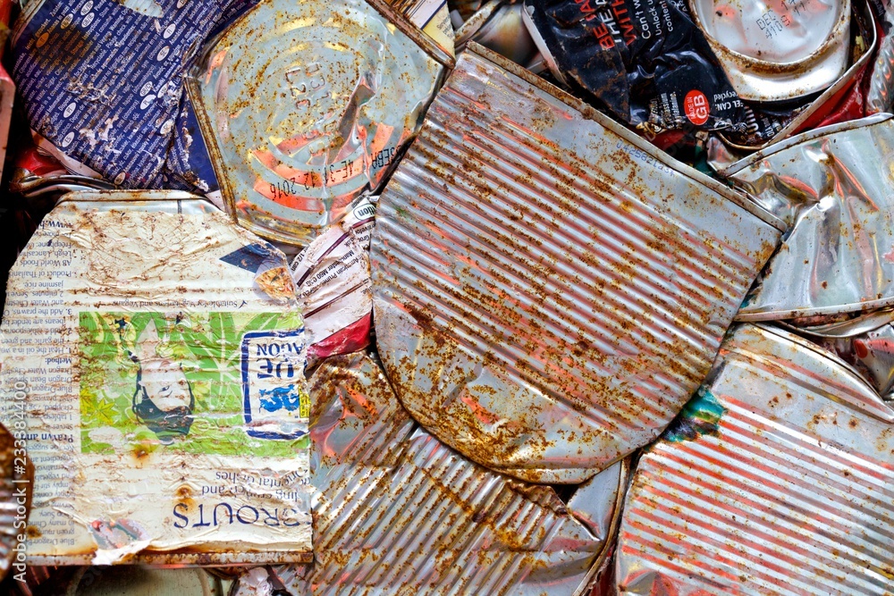 Flattened cans in a recycling centre in the UK Stock Photo | Adobe Stock