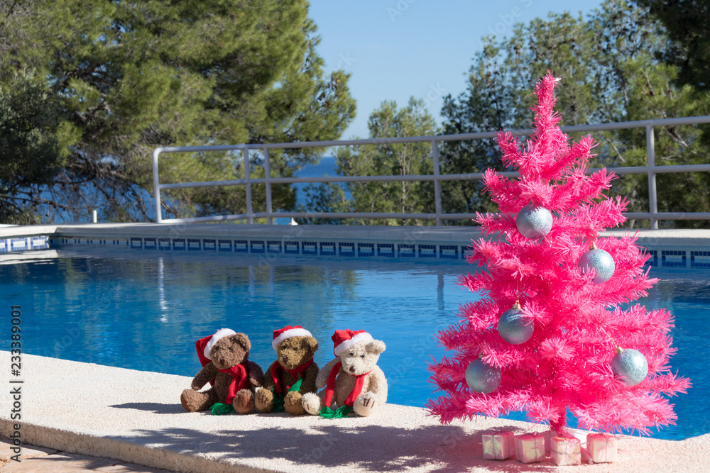 Happy Christmas Holidays. Three Santa Bears and a Pink Christmas Tree ...