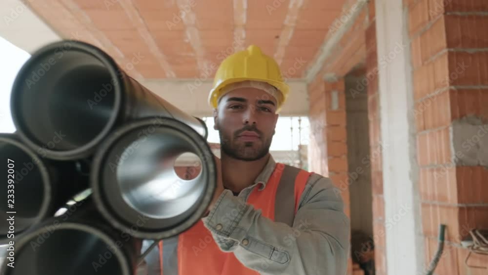 Proud people working in construction site. Portrait of happy white man ...