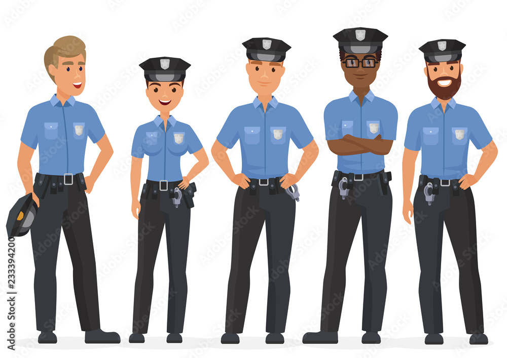Group of cartoon security police officers. Woman and man police cops ...