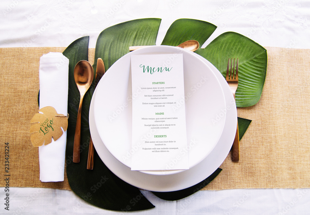 Menu on Dinner Table with Tropical Leaf Mockup Stock Template | Adobe Stock