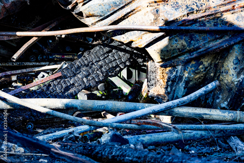 Foto Stock Burned damaged ruins of destroyed sprinkler fire protection ...