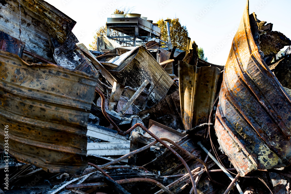 Burned damaged ruins of destroyed sprinkler fire protection system in ...