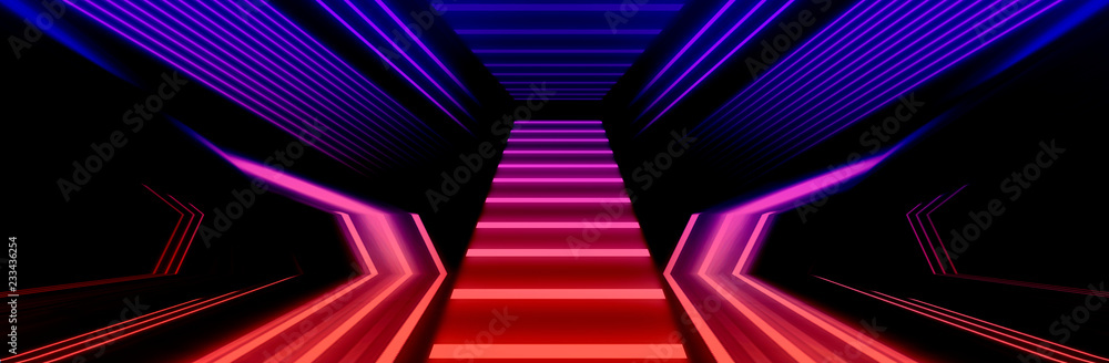 Background of an empty room at night with smoke and neon light. Dark ...