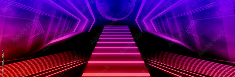 Background of an empty room at night with smoke and neon light. Dark ...