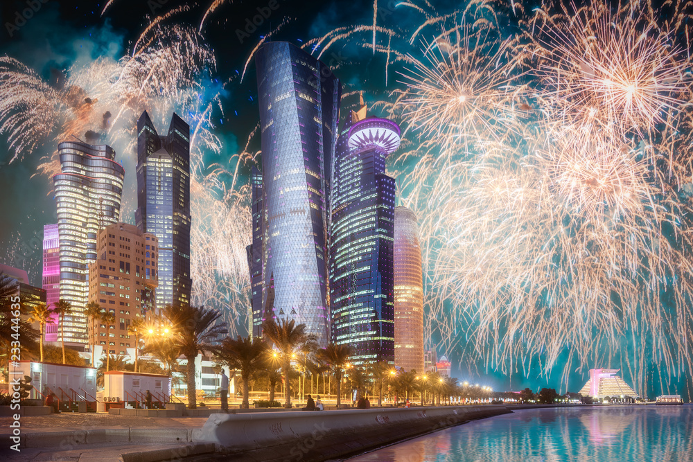 Beautiful fireworks above park in Doha City Center Stock Photo | Adobe ...