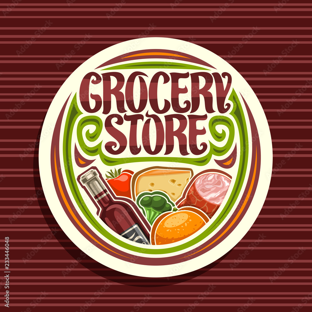 Vector logo for Grocery Store, white round signage with pile of fresh ...