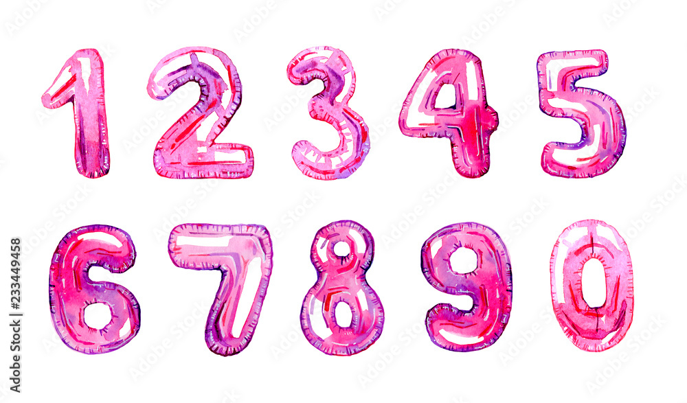 Balloon numbers. Birthday decoration. Hand drawn cartoon pink ...