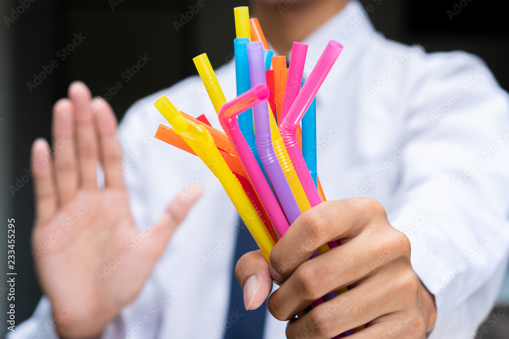 Businessman hand sign say no to plastic straws, people ban and stop ...