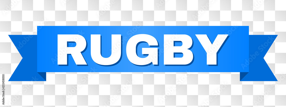 RUGBY text on a ribbon. Designed with white caption and blue tape. Vector banner with RUGBY tag ...